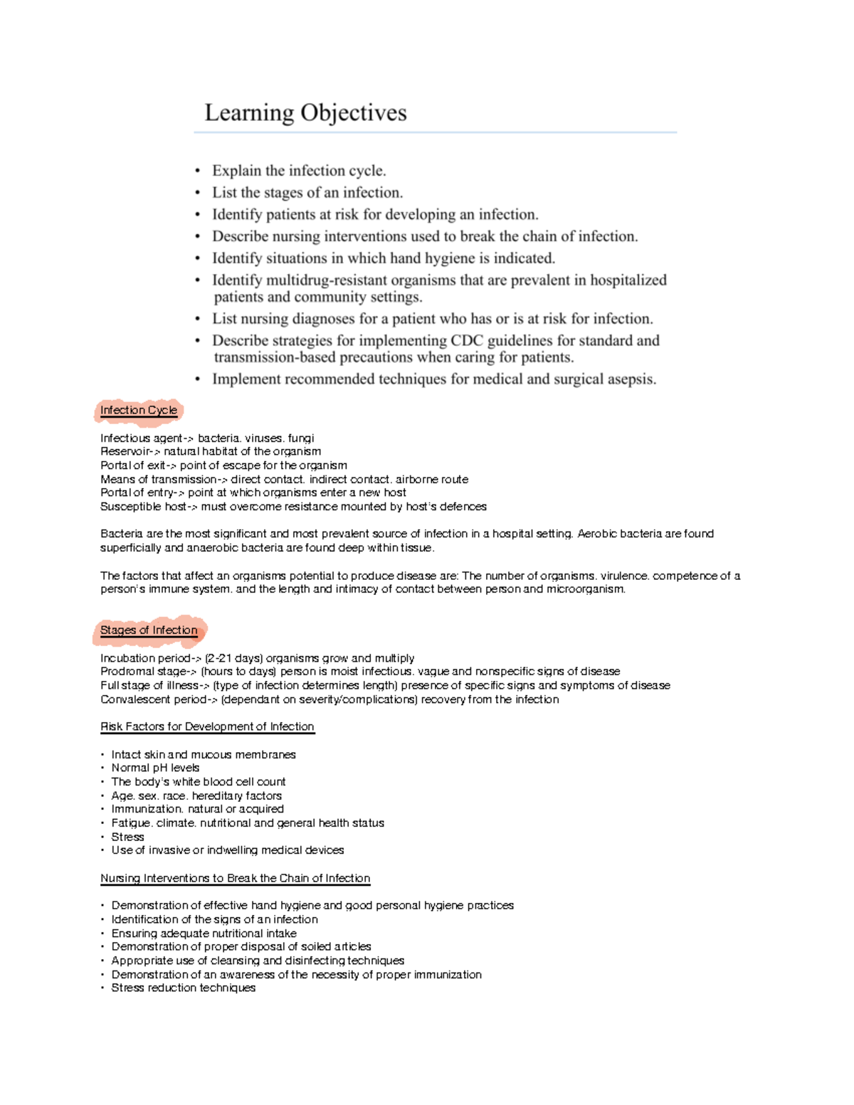 Infection Cycle and Nursing Interventions - Studocu
