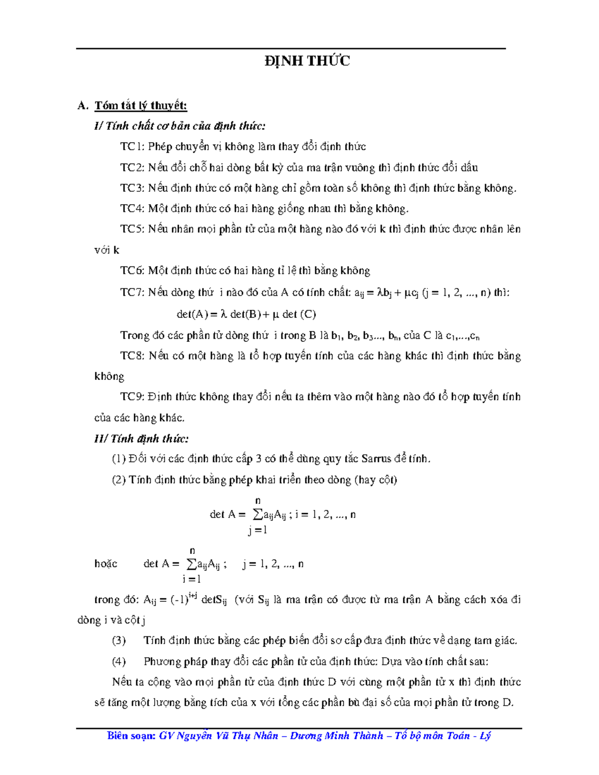 BT ĐỊNH THỨC - Math - Biên so n: GV Nguy n Vũ Th Nhân – Dương Minh Thành – T b môn Toán - Lý ...