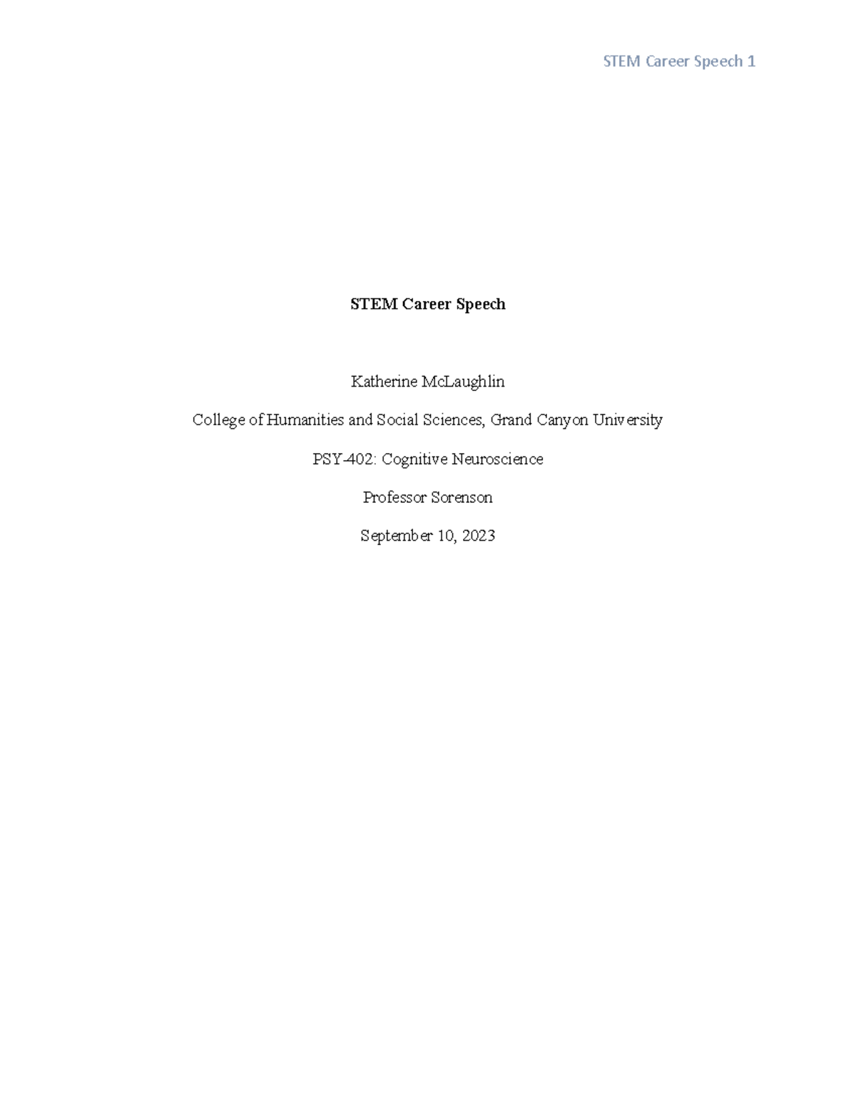 STEM Career Speech - n/a - STEM Career Speech Katherine McLaughlin College of Humanities and ...