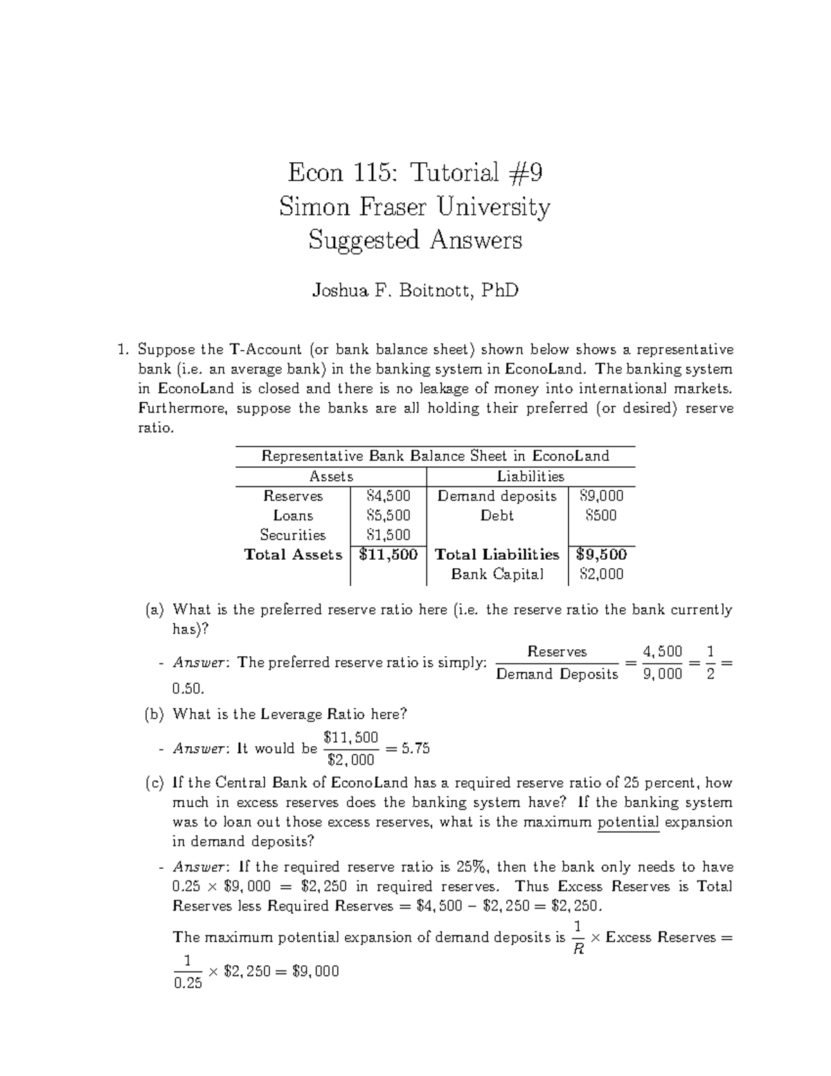 Econ115 Tut09-AK - tut answers - Econ 115: Tutorial Simon Fraser ...