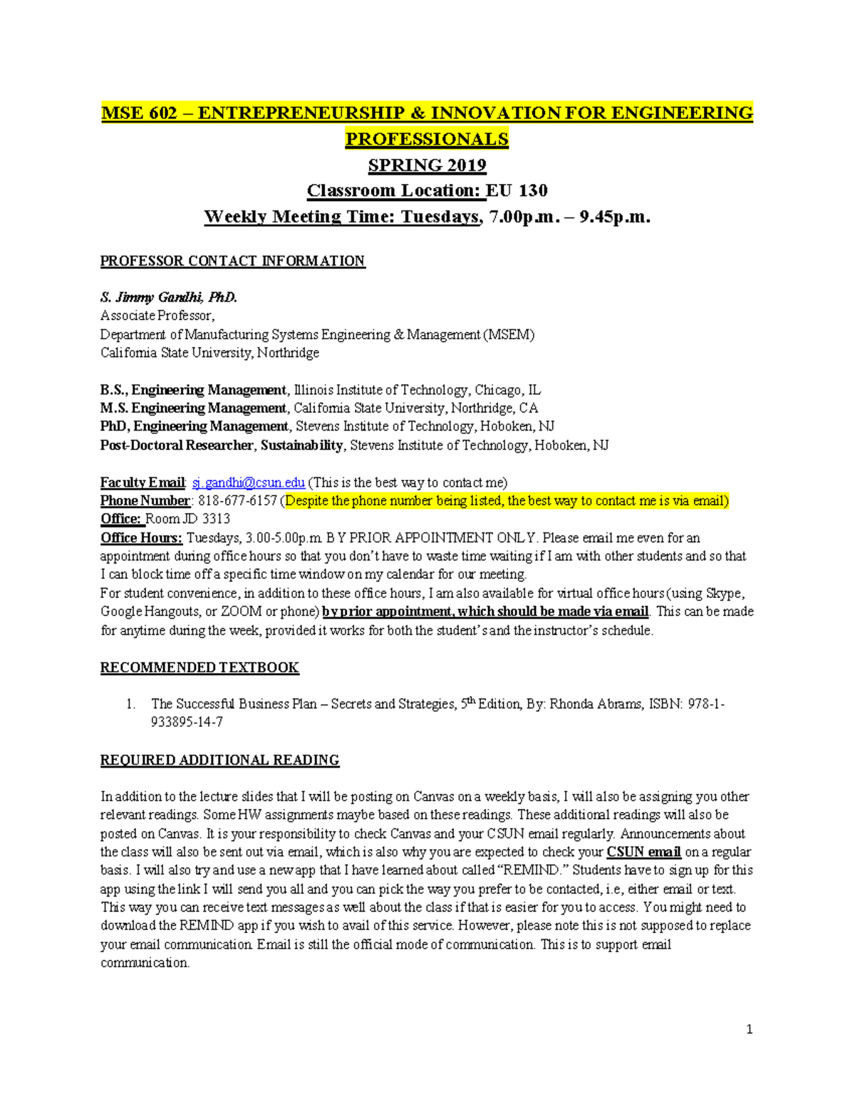 MSE 602 Syllabus Spring 2019 - MSE 602 – ENTREPRENEURSHIP & INNOVATION ...