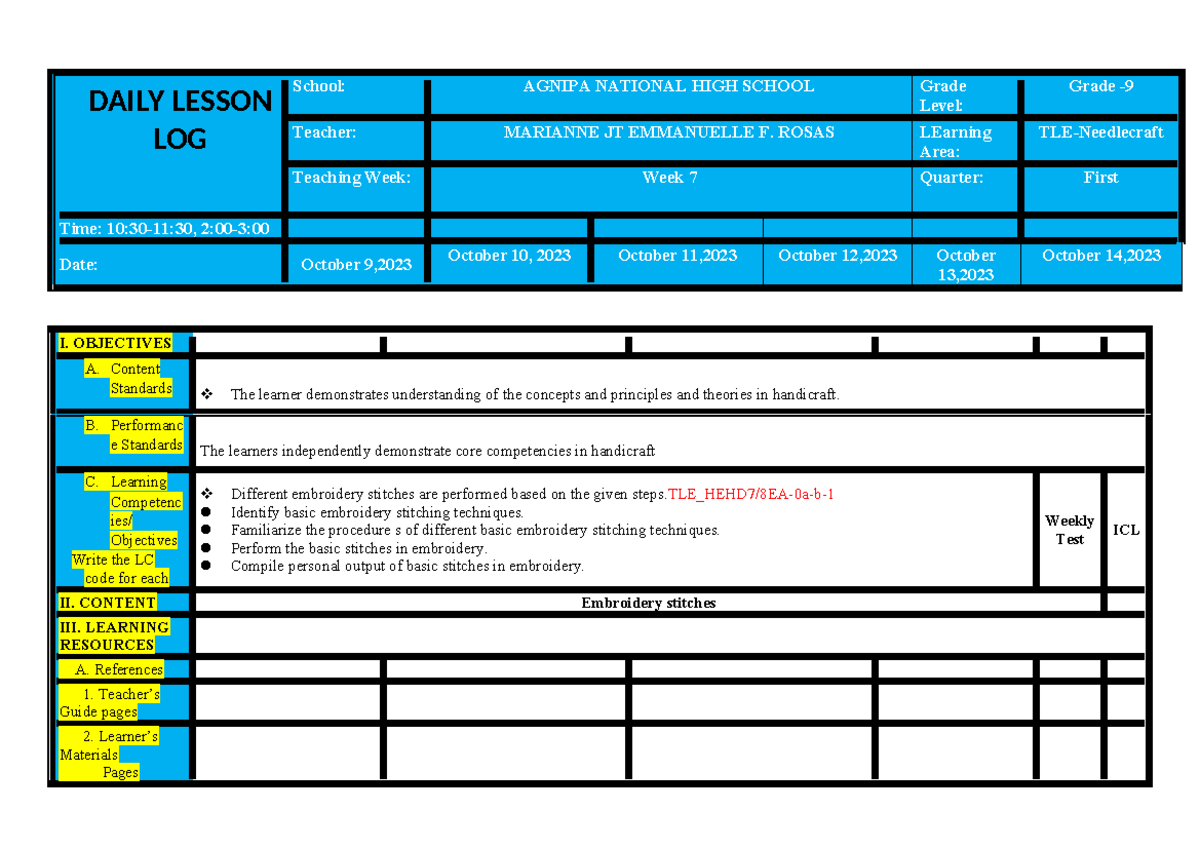 Daily Lesson Plan 2022-2023 - School: AGNIPA NATIONAL HIGH SCHOOL Grade ...