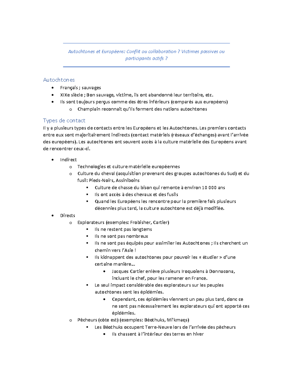 Autochtones et Européens ; cours 4 - Autochtones et Européens: Conflit ...