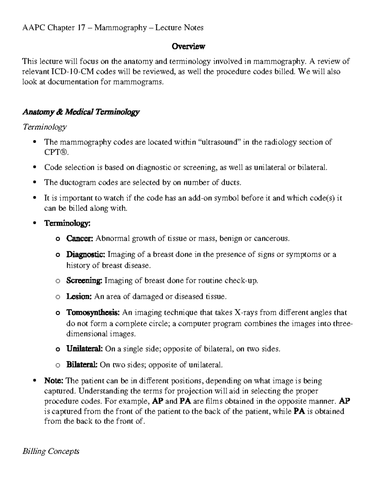 AAPC Chapter 17 – Mammography – Lecture Notes - Overview This lecture ...