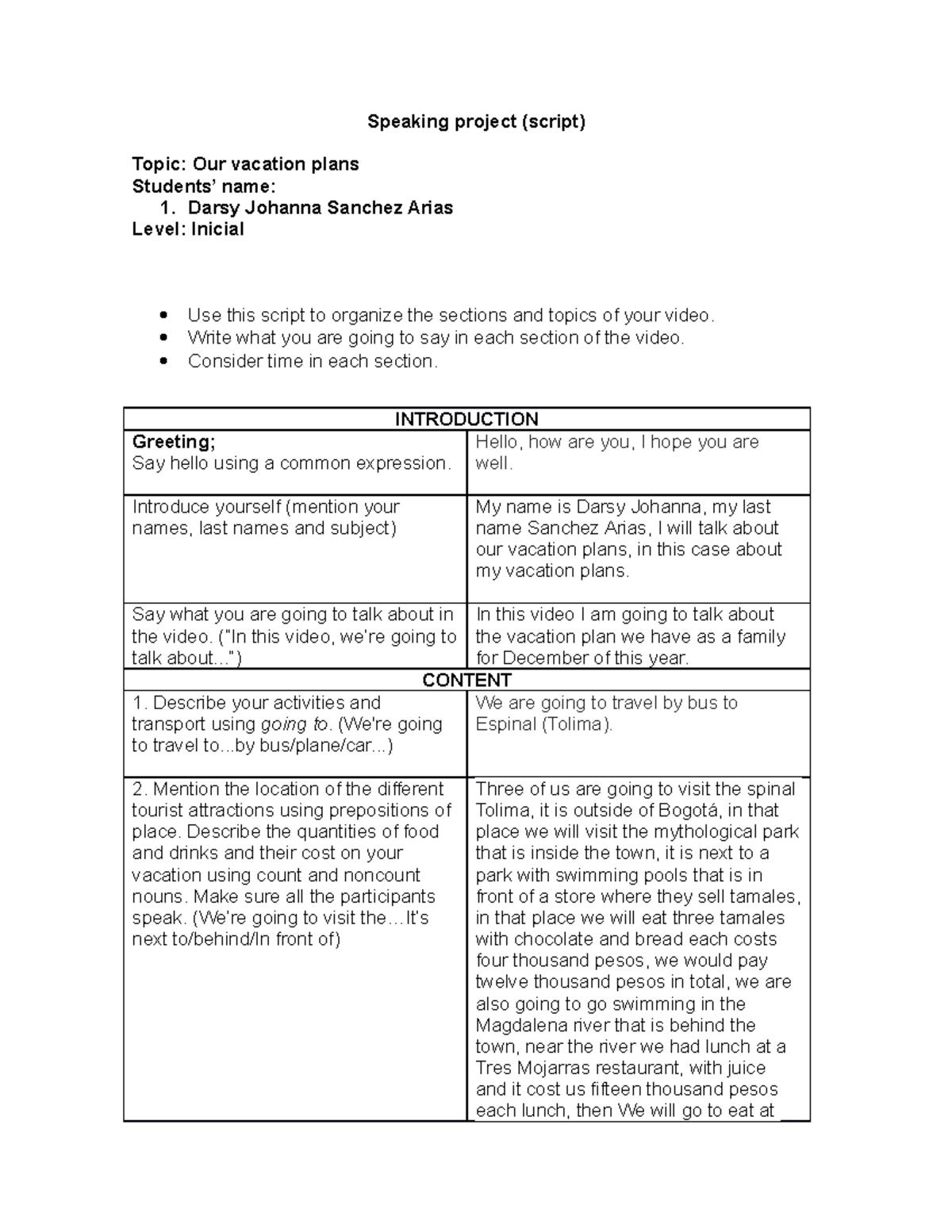 Project script form Nivel Inicial - Speaking project (script) Topic ...