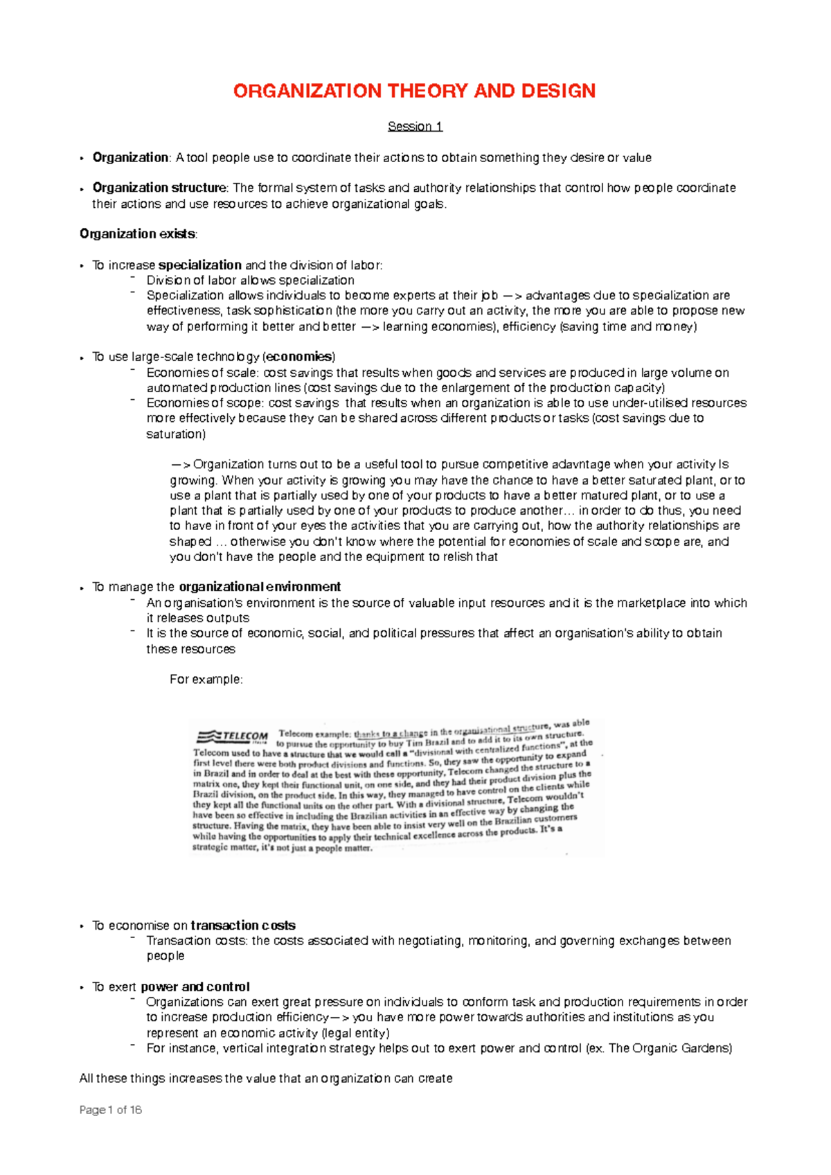 OTD copy - ORGANIZATION THEORY AND DESIGN Session 1 Organization: A ...