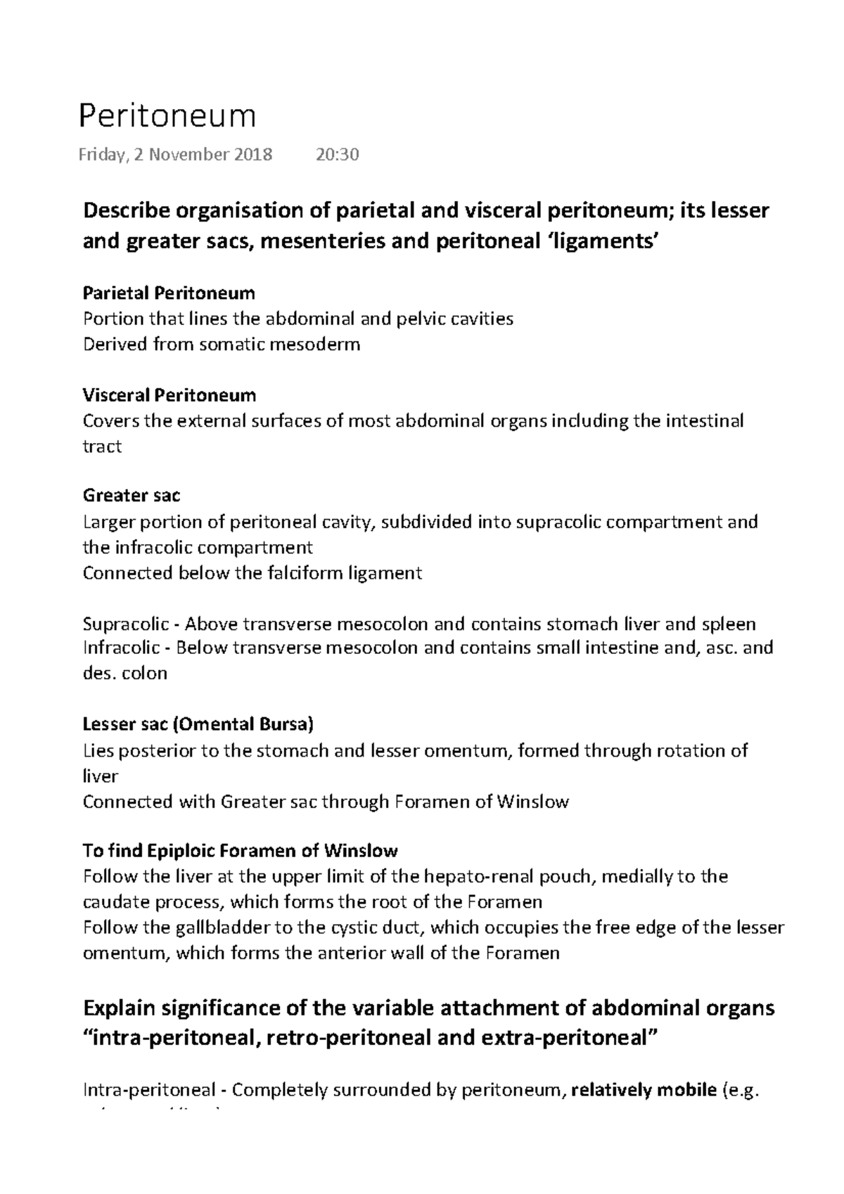 Peritoneum - Describe organisation of parietal and visceral peritoneum ...