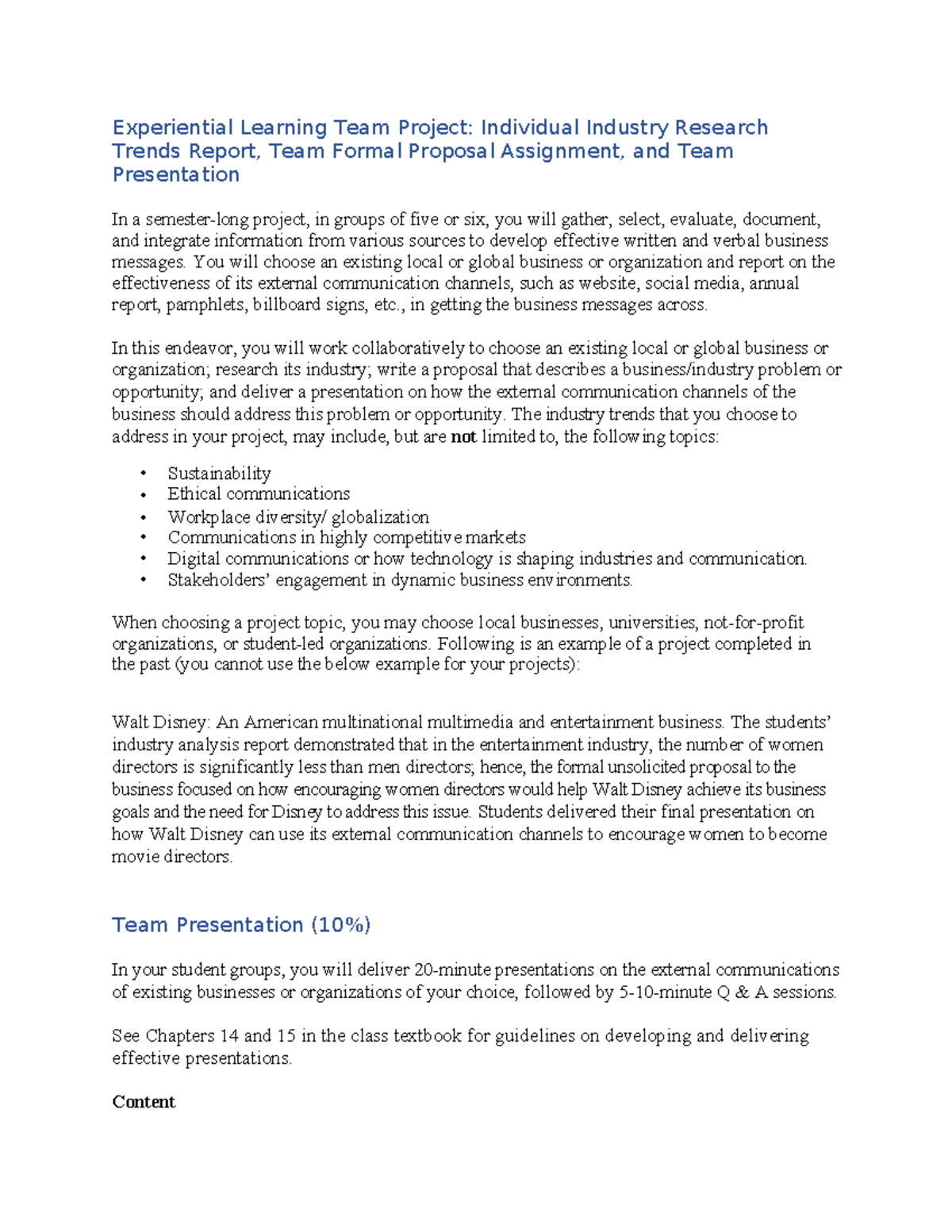 Final Presentation Instructions - Experiential Learning Team Project ...