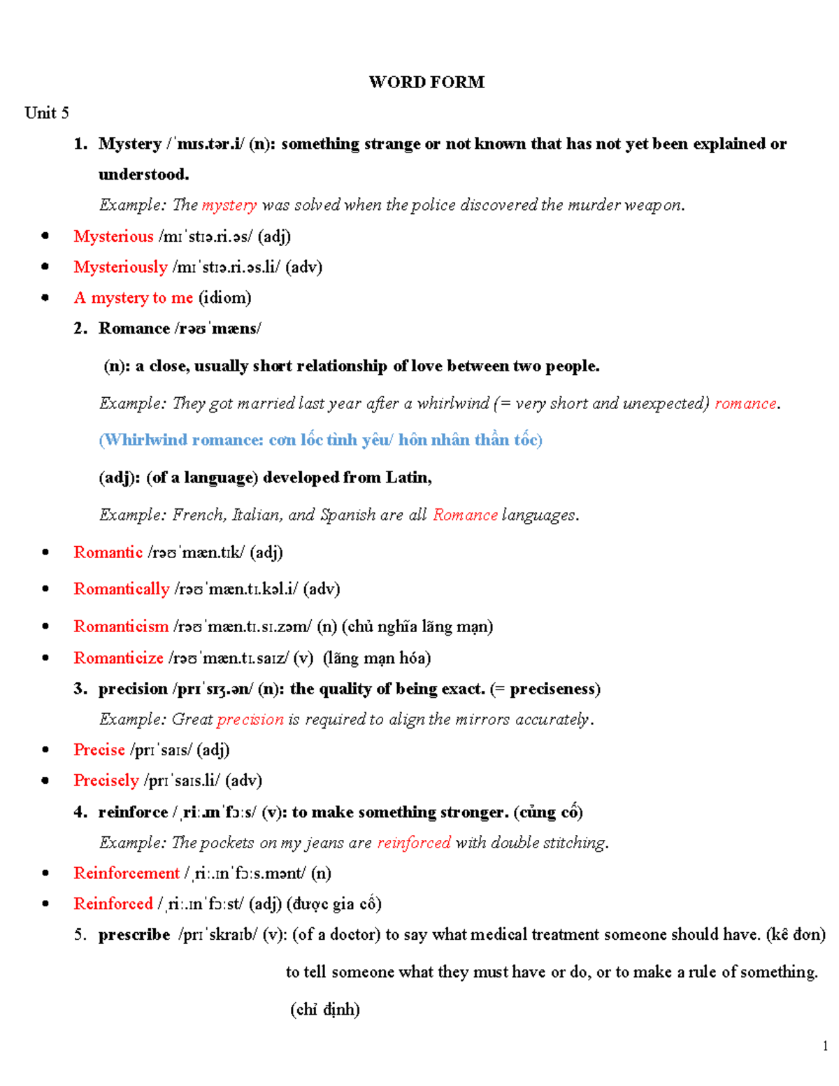 Unit 5+6 -word form - WORD FORM Unit 5 1. Mystery / m sər/ (n): something strange or not known ...