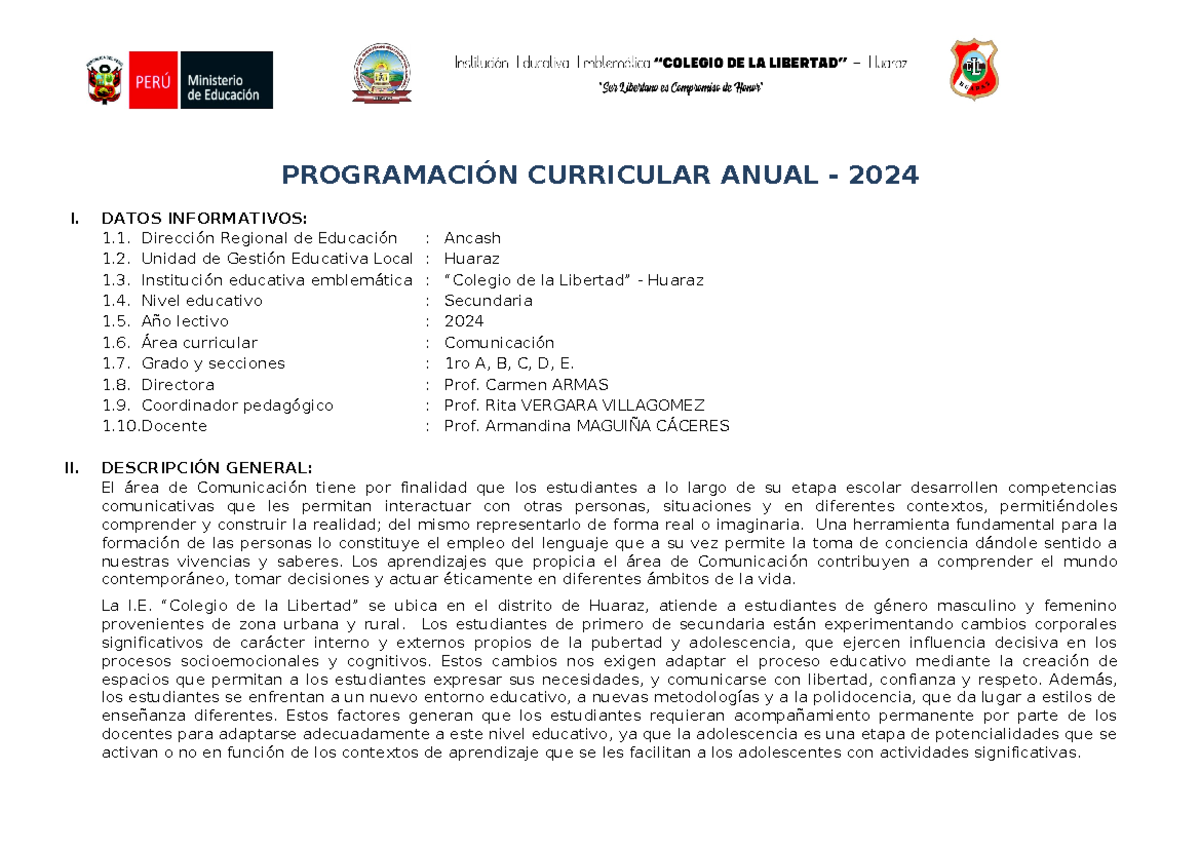 Programacion Curricular Anual 2024 - PROGRAMACIÓN CURRICULAR ANUAL - 2024 I. DATOS INFORMATIVOS ...