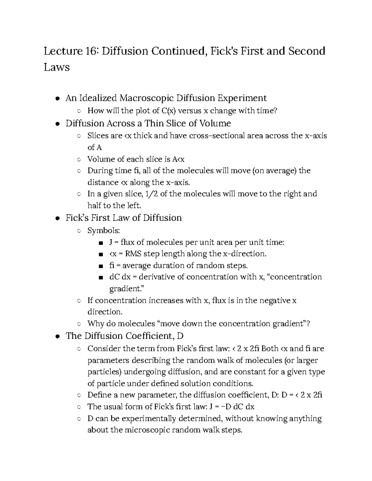 Biology 3550 Notes Lecture 16 9 30 - Lecture 16 Diffusion Continued ...