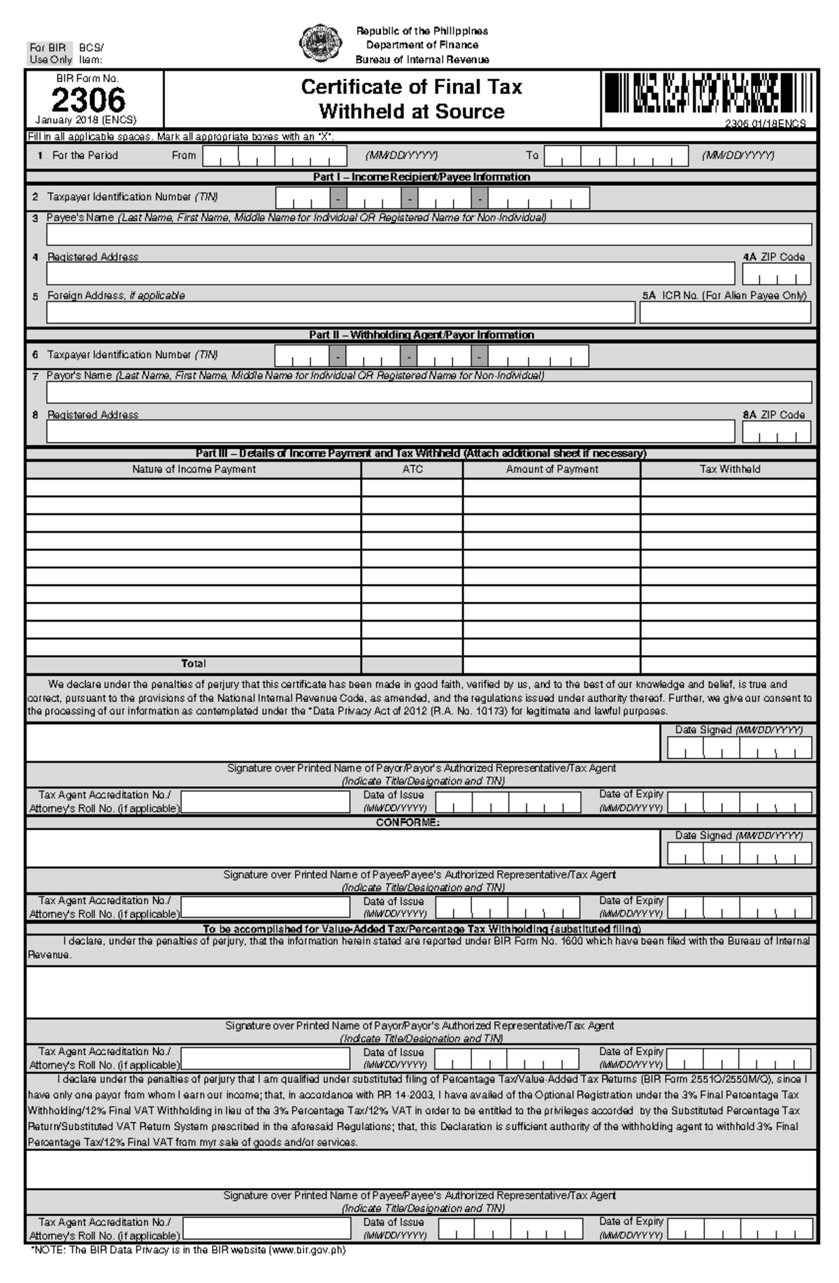 TAX300 - BIR Form 2306 - Lecture notes 4 - Fill in all applicable ...