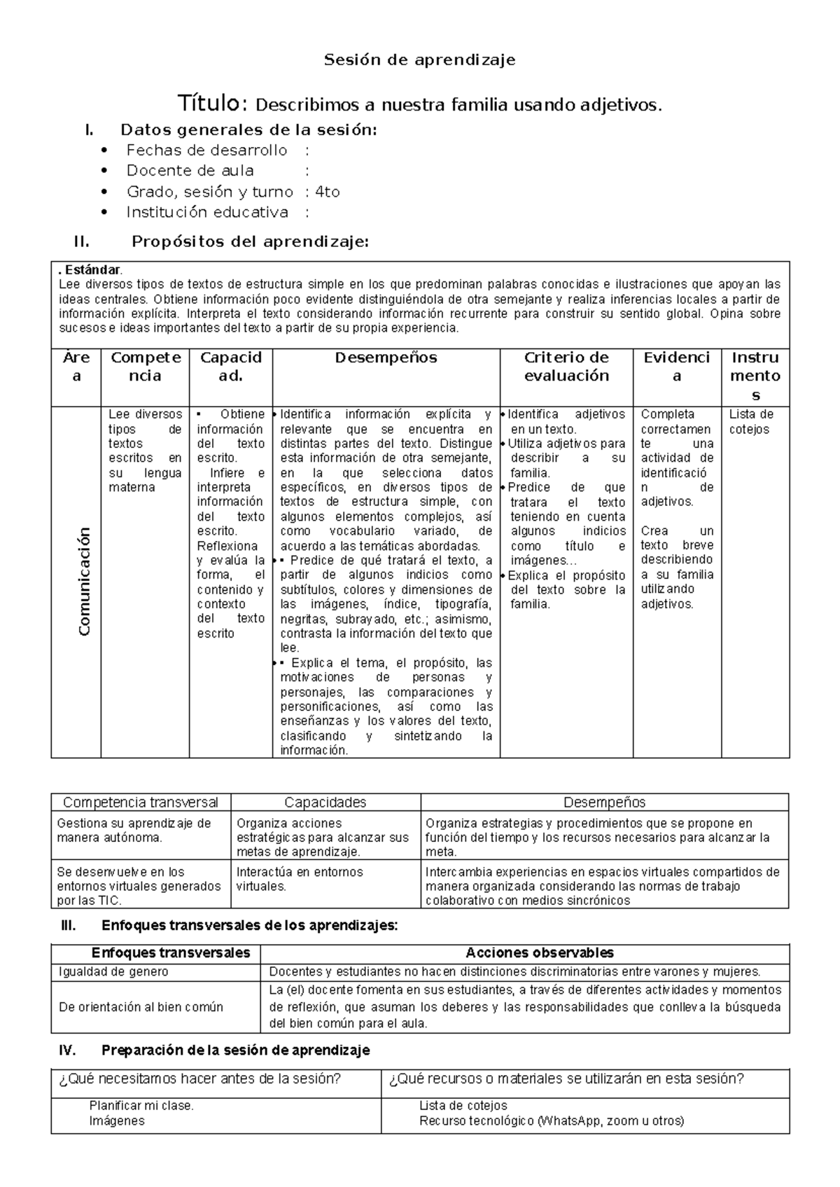 Describimos A Nuestra Familia Usando Adjetivos Clase Impreso Sesión