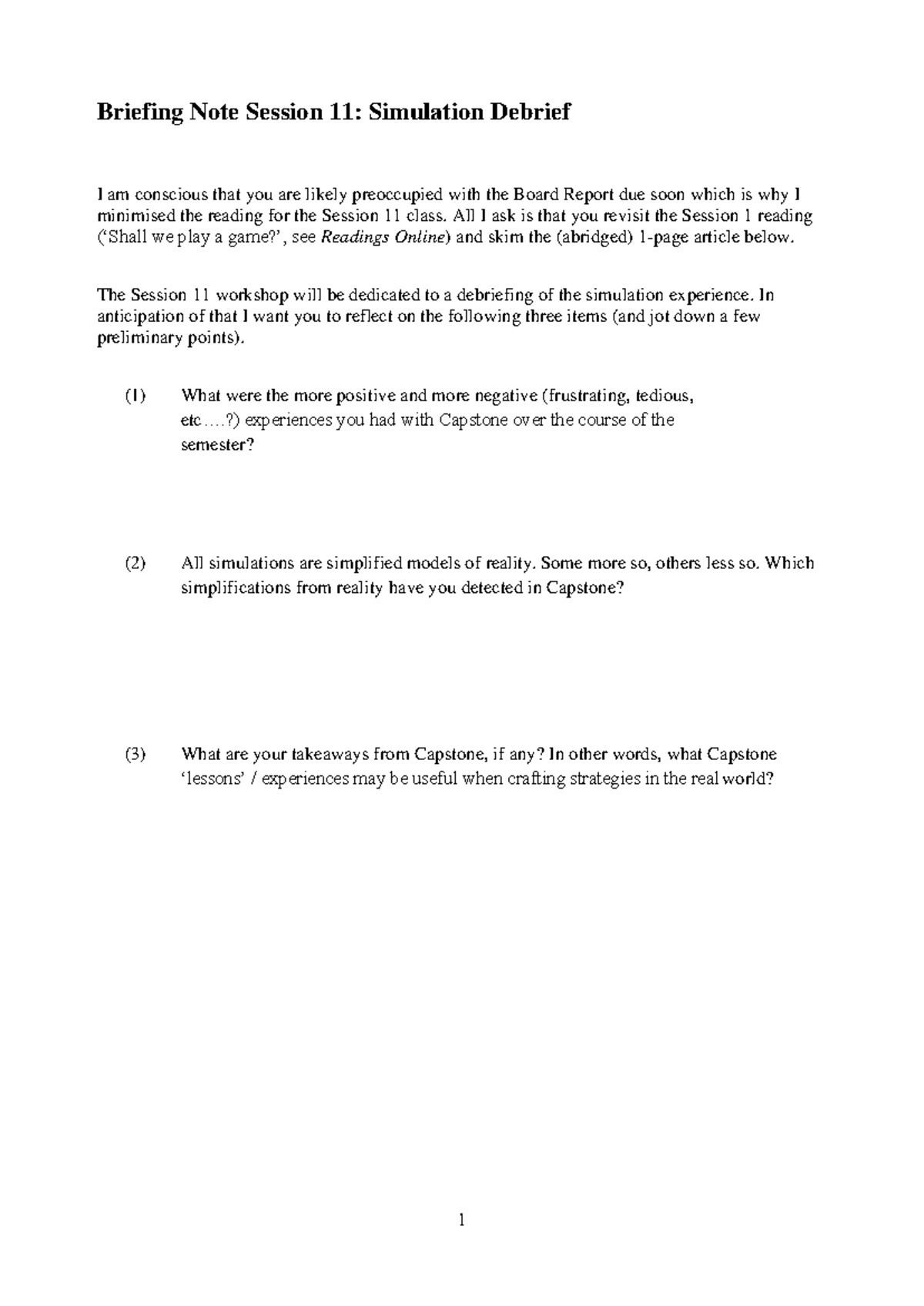 Session 11 Note Simulation Debrief - 1 Briefing Note Session 11 ...