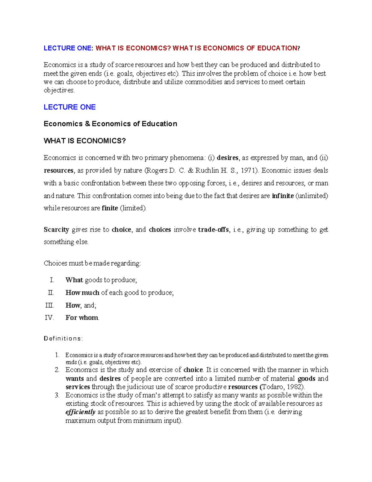 EMP 403 Economics OF Education AND Planning-1 - LECTURE ONE: WHAT IS ...