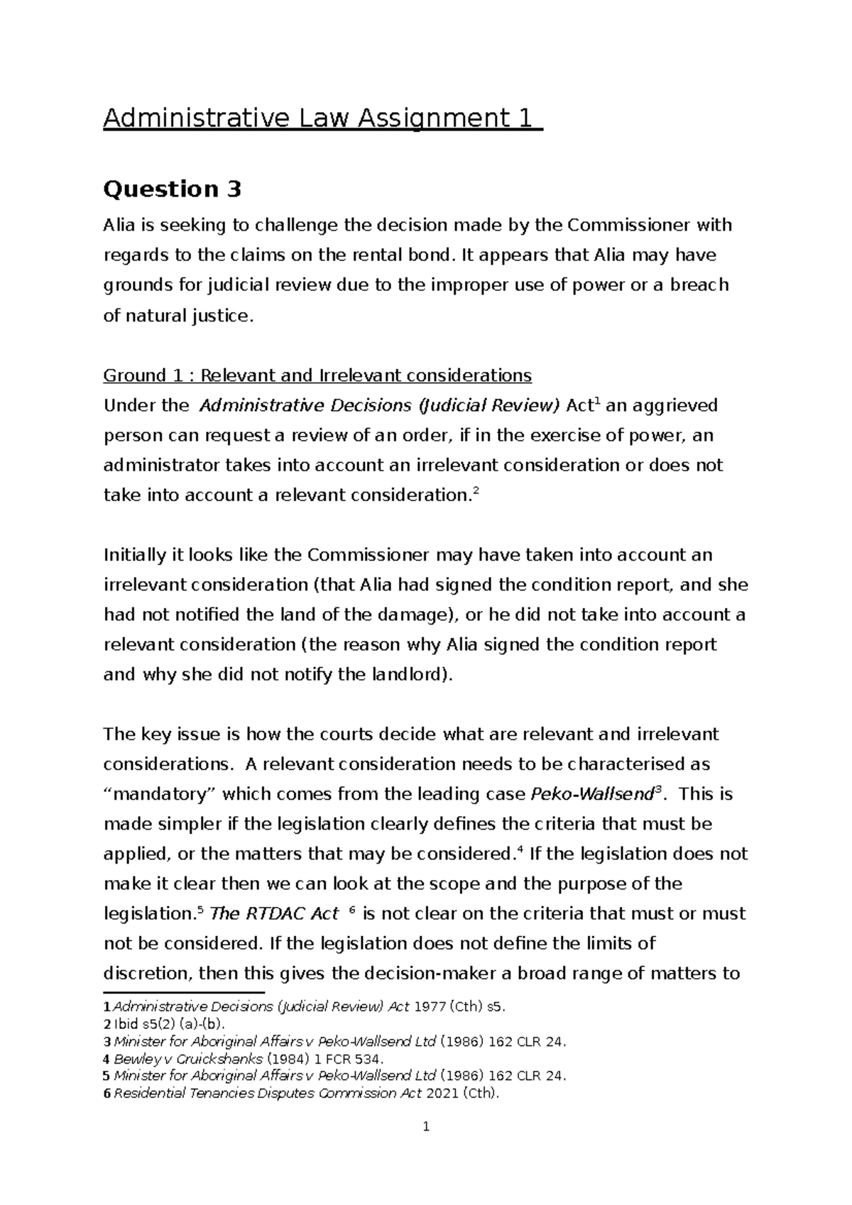 Admin Law LAW00117 - Administrative Law Assignment 1 Question 3 Alia is ...