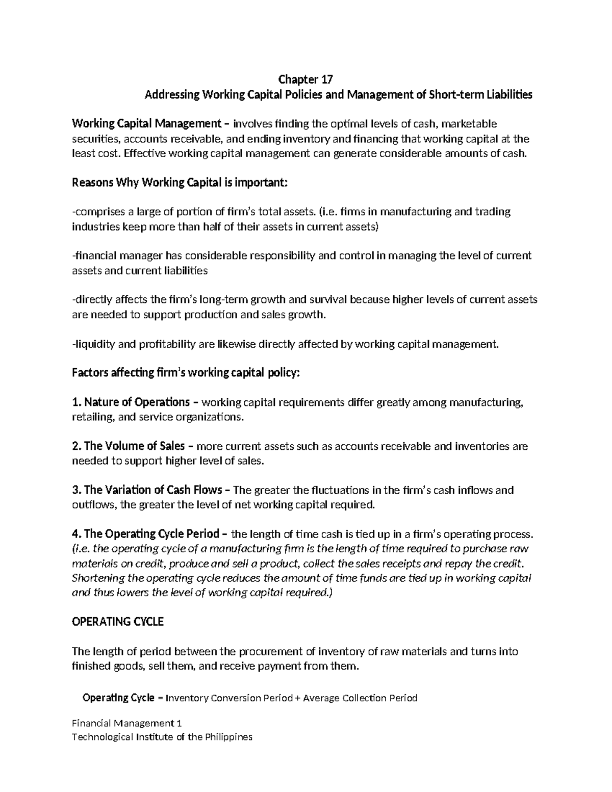 Financial management 1 chapter 17 - Financial Management 1 Operating Cycle = Inventory ...
