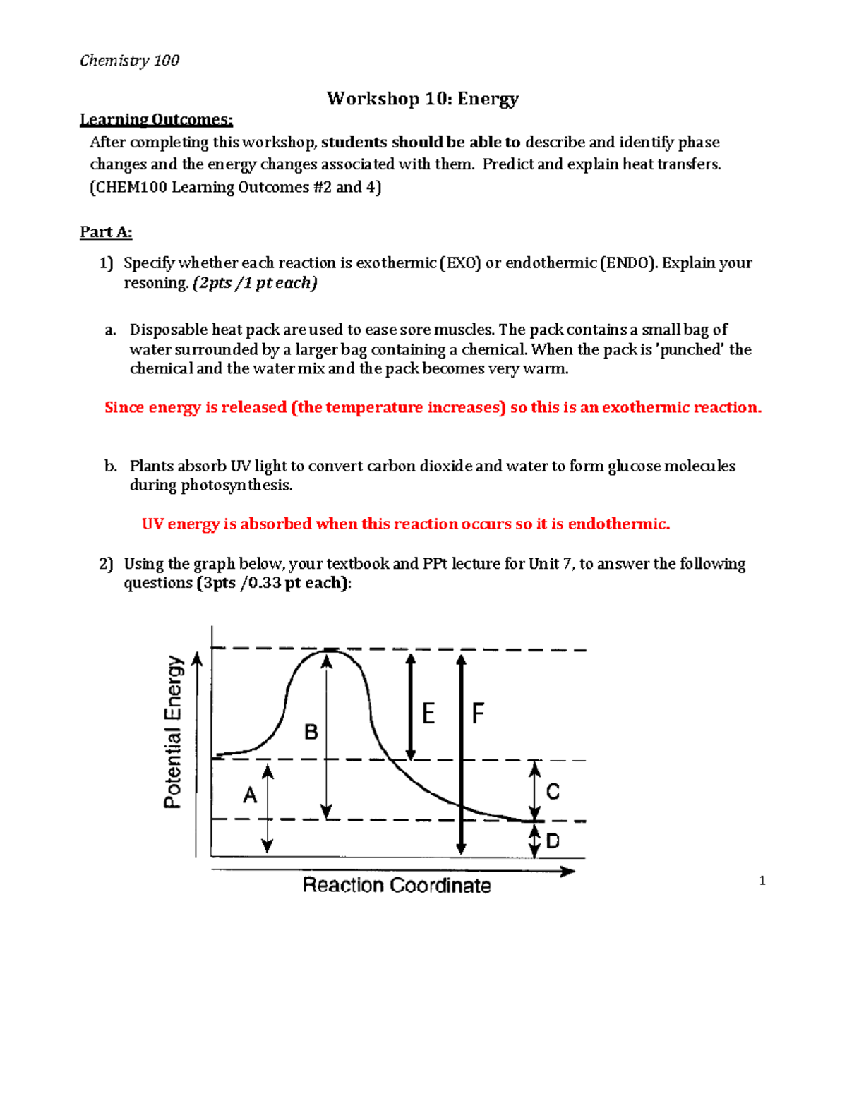 Wk #10 Key - ANSWER KEY TO WORKSHOP 10 - Chemistry 100 1 Workshop 10 ...
