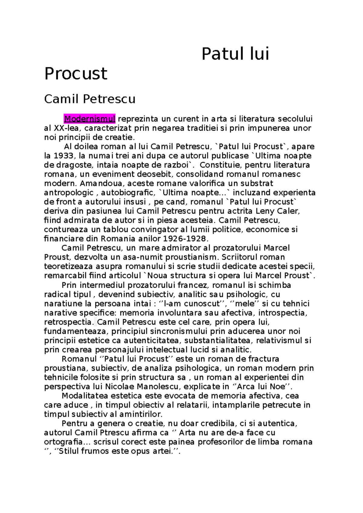 Patul lui Procust - essay for baccalaureat - Patul lui Procust Camil ...