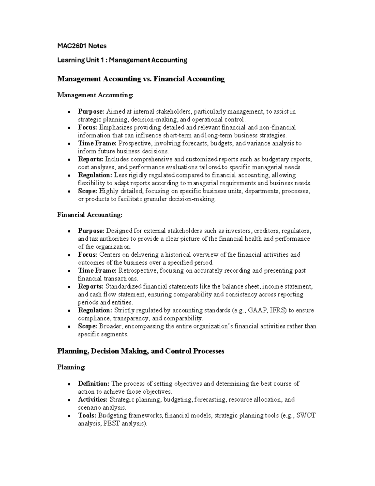 MAC 2601 Notes LU 1-5 - Summary Principles of management accounting ...