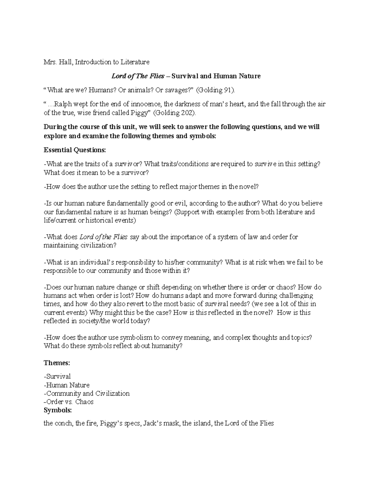 Lord of the Flies EQs - Mrs. Hall, Introduction to Literature Lord of ...