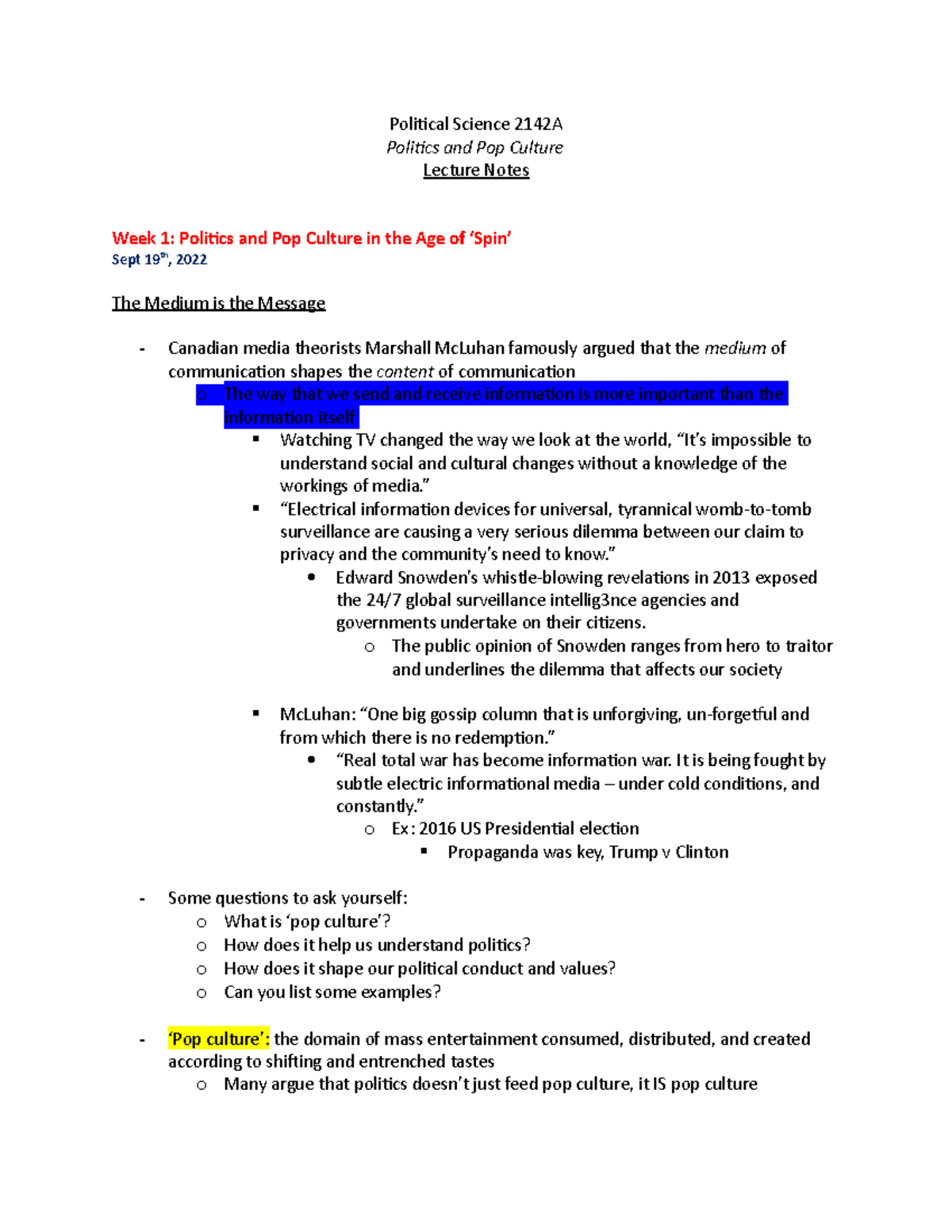 Week 1 - Week 1 notes - Political Science 2142A Politics and Pop ...