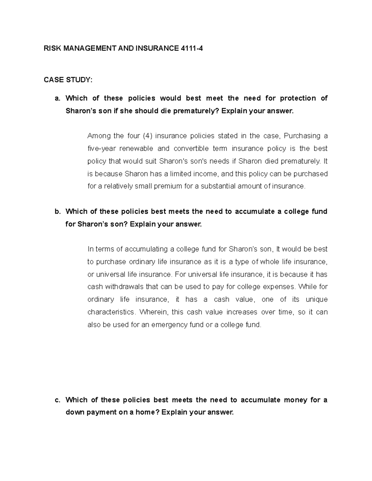 LIFE Insurance CASE Study - RISK MANAGEMENT AND INSURANCE 4111- CASE ...