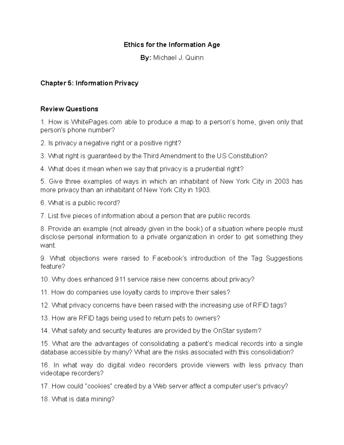 Chapter 5 Information Privacy In Class Exercises Review and Discussion ...