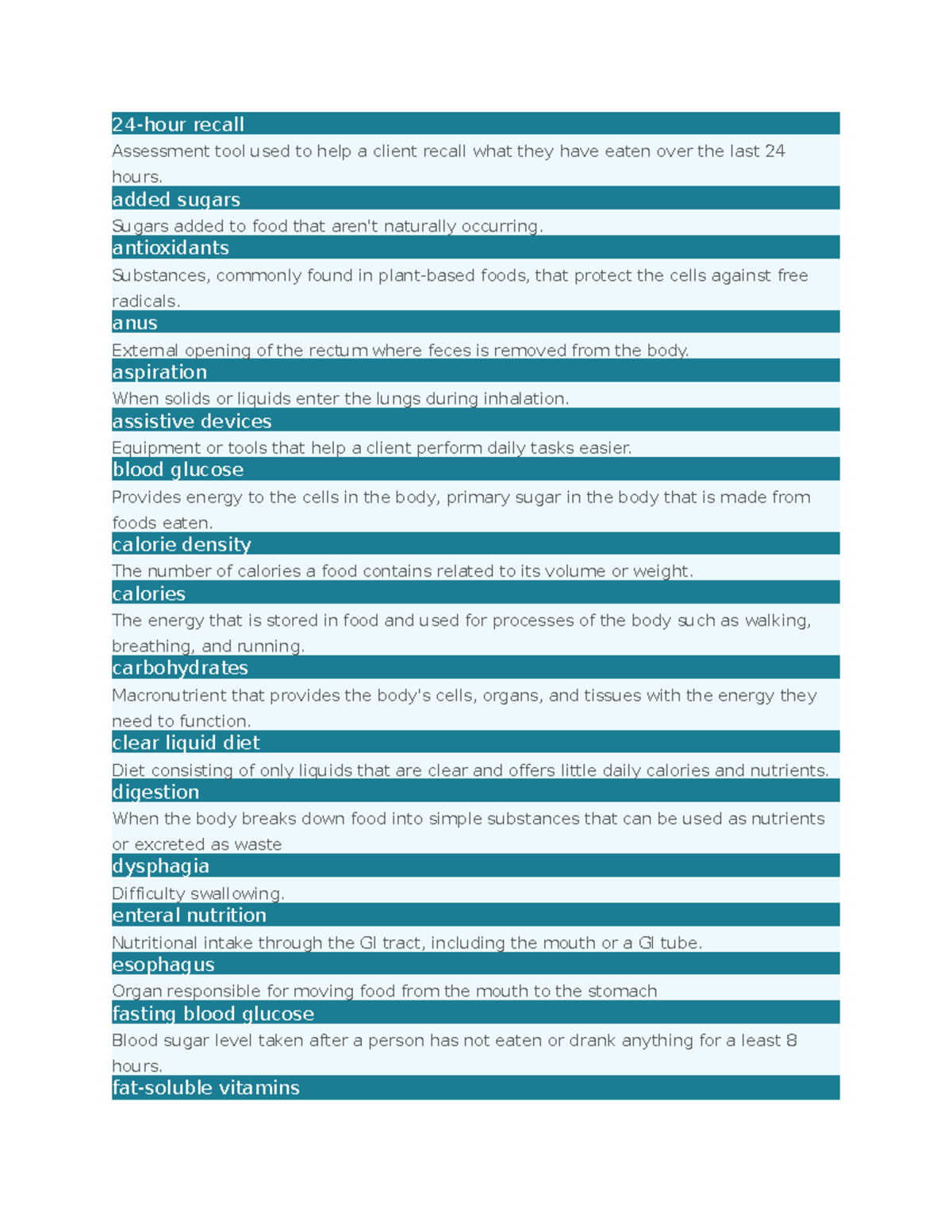 Nutrition Key Terms - 24-hour recall Assessment tool used to help a ...