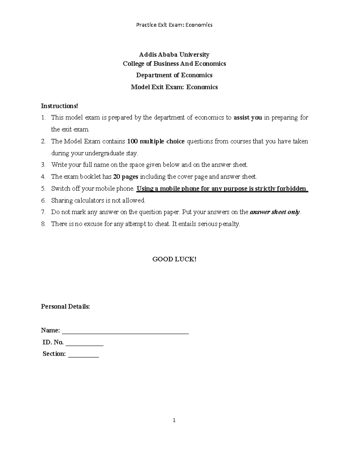 Model Exam Economics AAU - Addis Ababa University College of Business ...