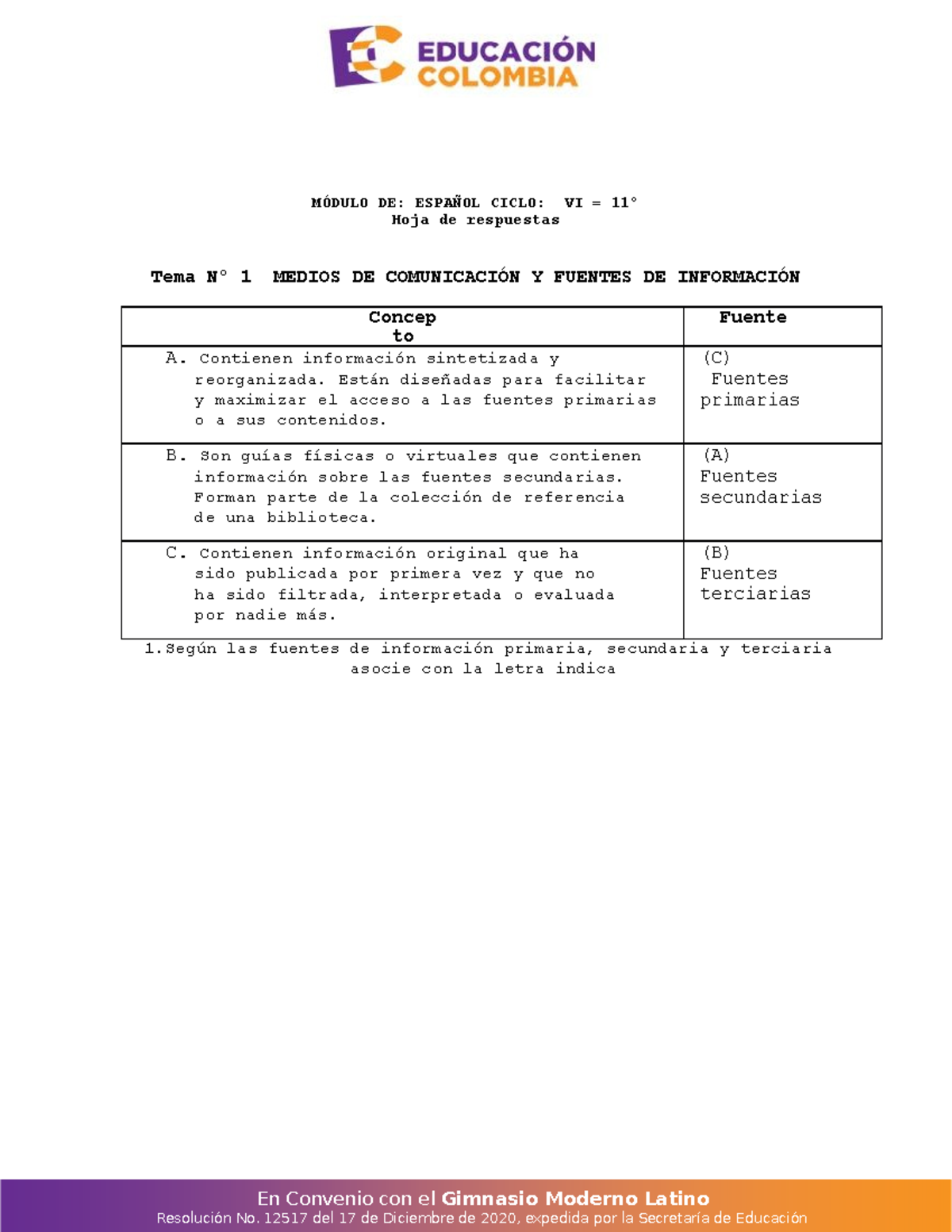Respuestas Español VI - MÓDULO DE: ESPAÑOL CICLO: VI = 11° Hoja de ...