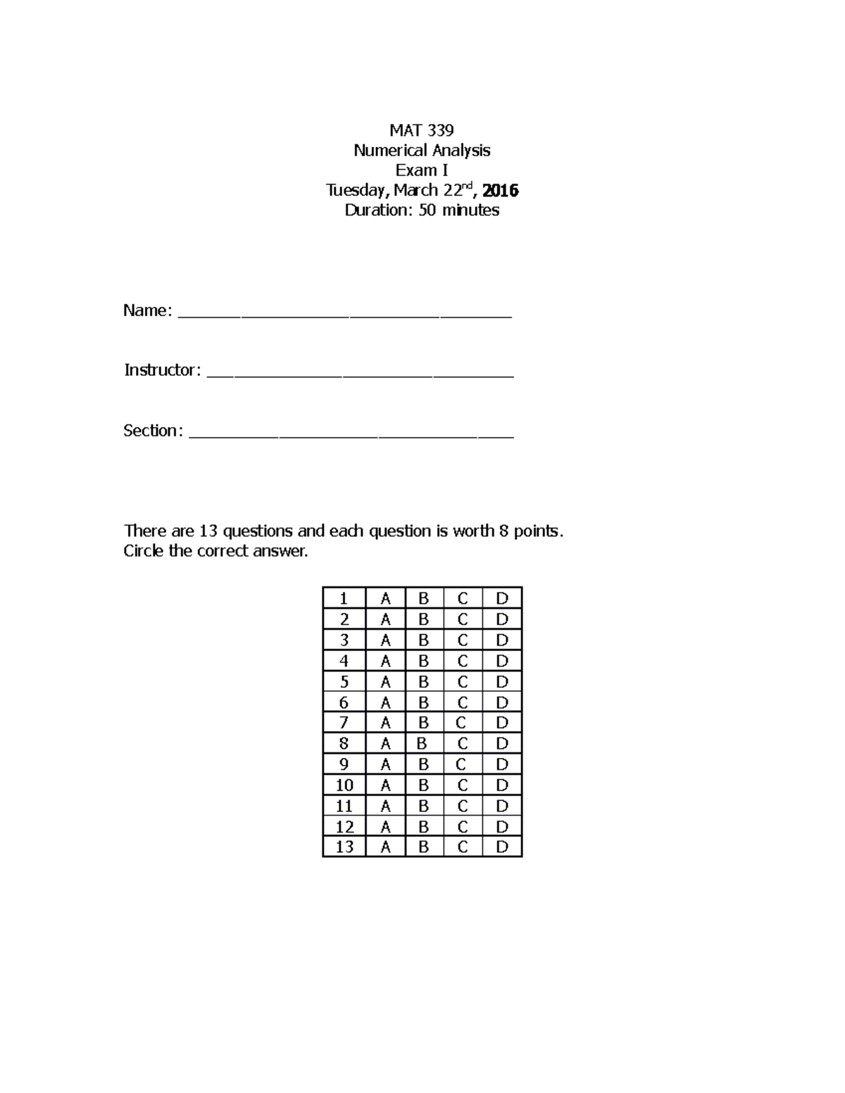 Exam 1 MAT 339 Numerical Analysis Practice questions - MAT 339 ...