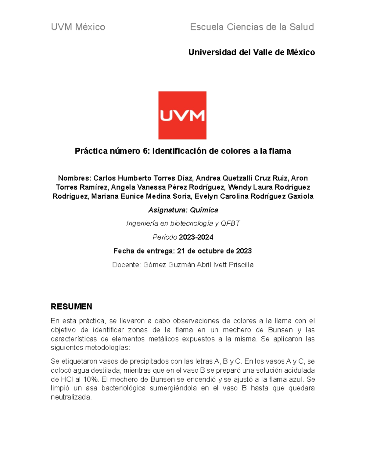 R7 Práctica 6 Identificación de colores a la flama - Universidad del Valle de México Práctica ...