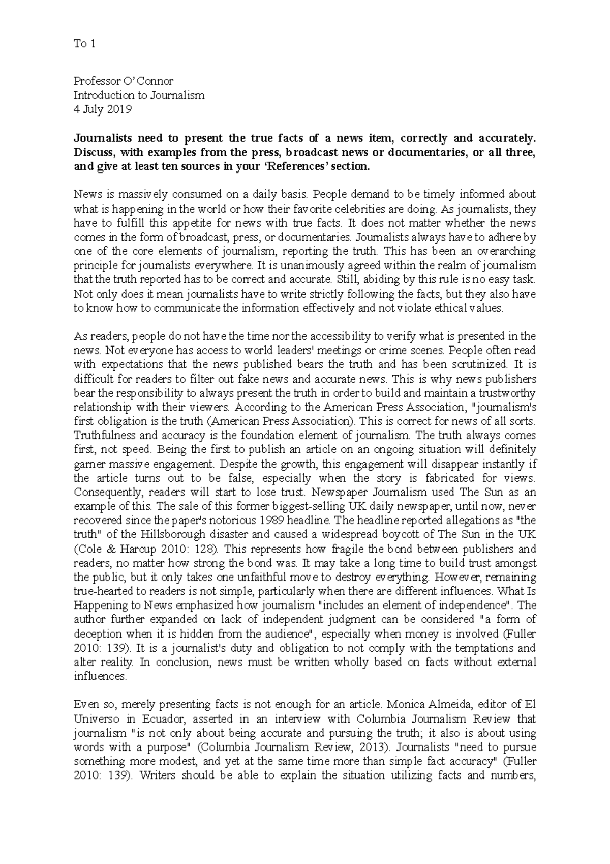 Ethics of Journalism_Final Essay - Professor O’Connor Introduction to ...