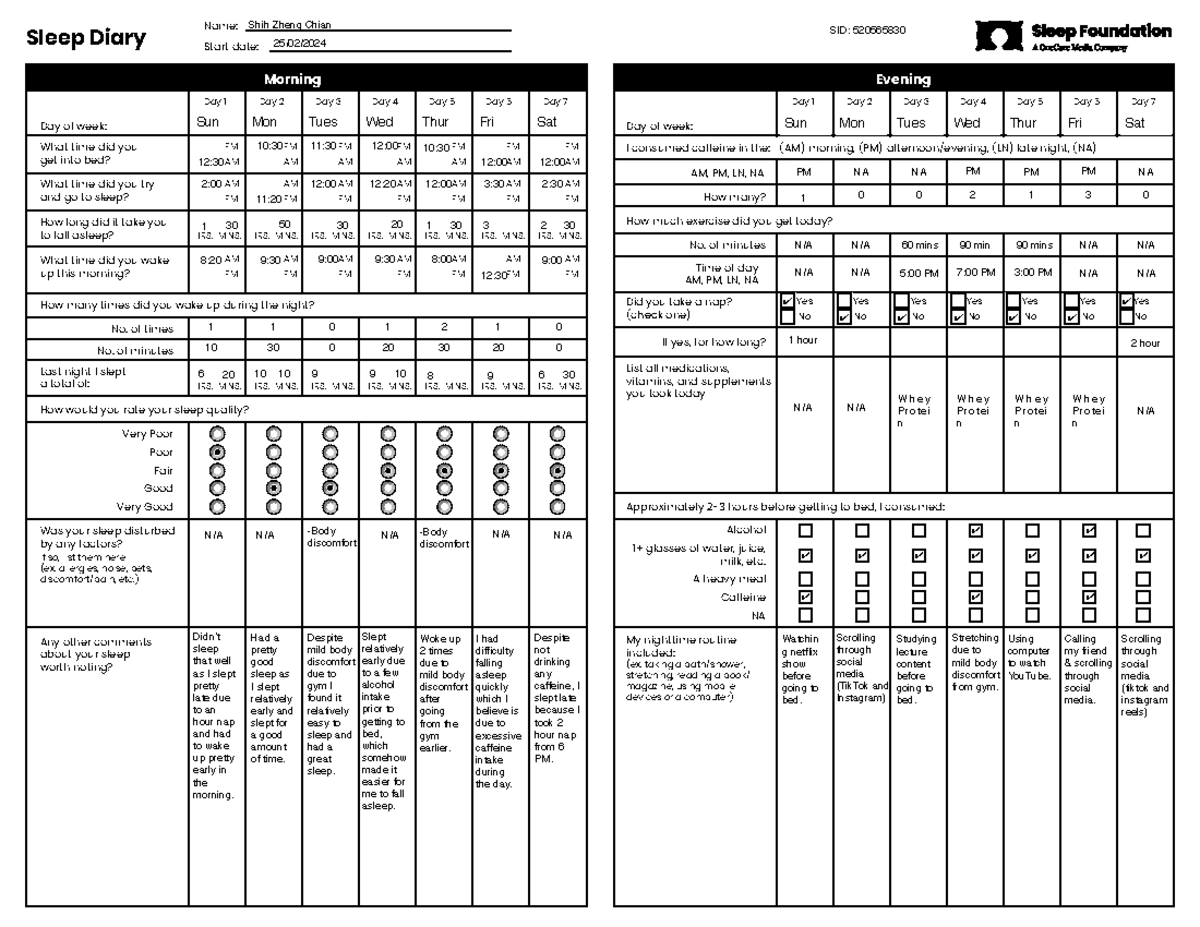 Sleep Foundation Sleep Diary Week 2 - Sleep Diary Day of week:What time ...