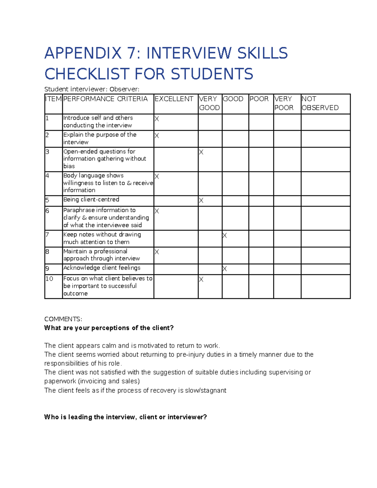 Interview Skills Checklist - APPENDIX 7: INTERVIEW SKILLS CHECKLIST FOR ...