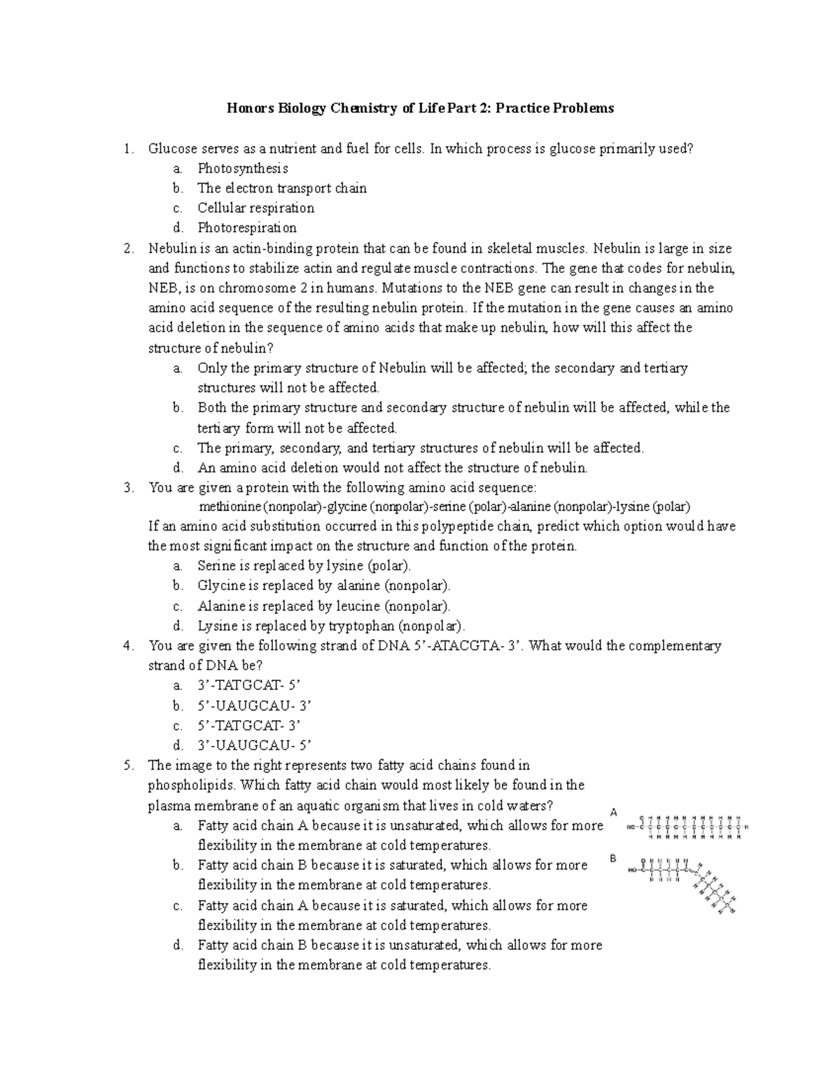 BIology-answers/studyguid - Honors Biology Chemistry of Life Part 2 ...