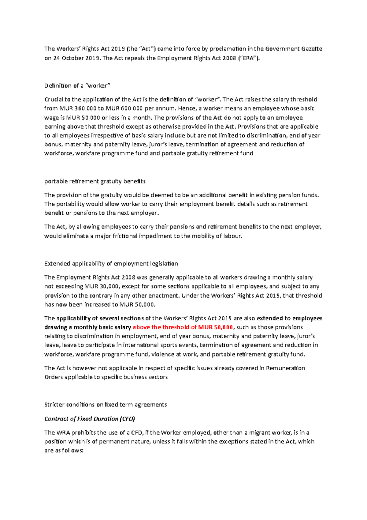 WRA2019 - The Workers’ Rights Act 2019 (the “Act”) came into force by ...