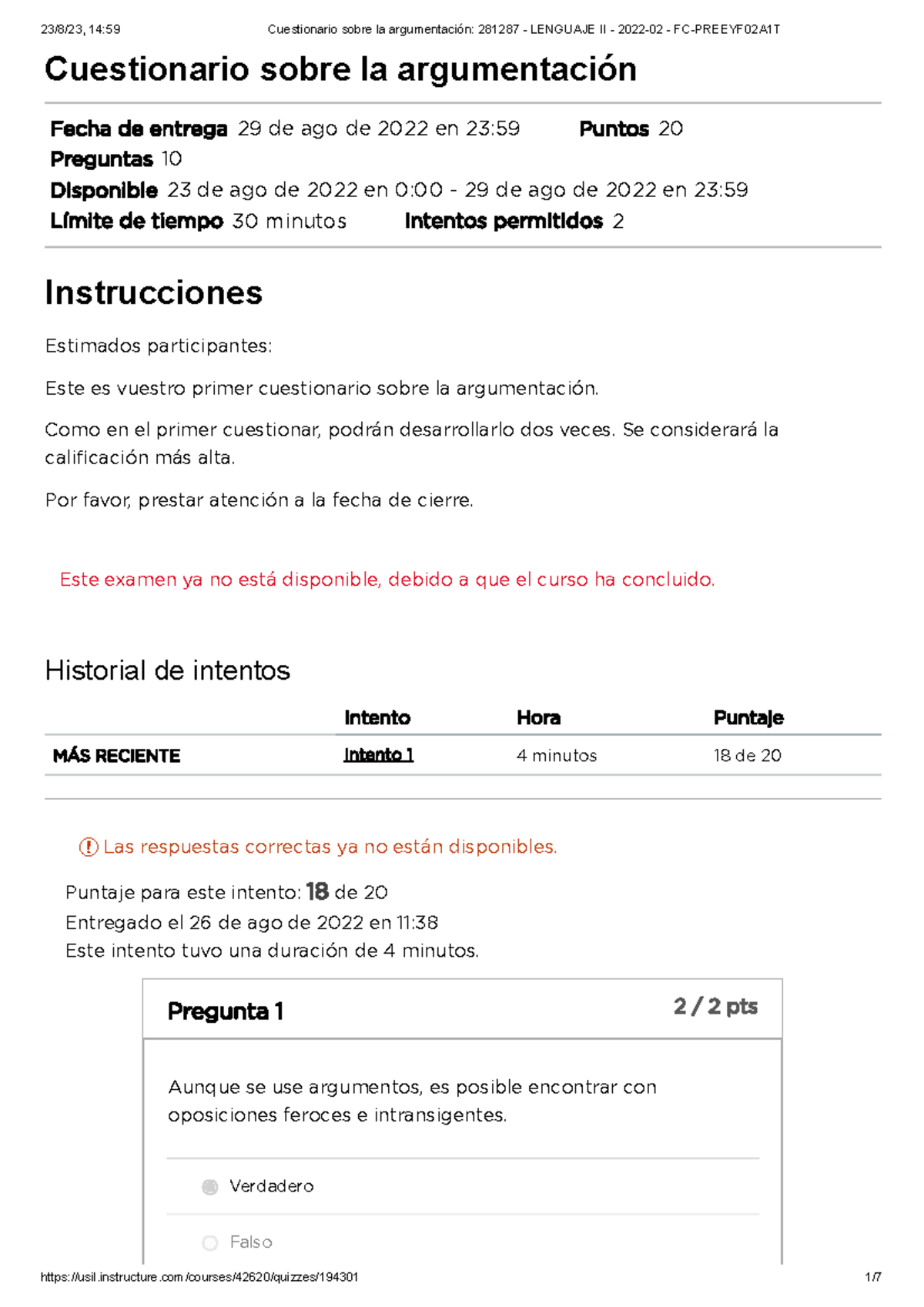 Cuestionario sobre la argumentación 281287 - Lenguaje II - 2022-02 - FC- Preeyf 02A1T ...