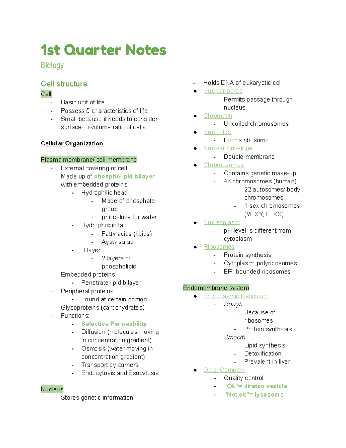 Genbio notes - For general biology - 1st Quarter Notes Biology Cell ...