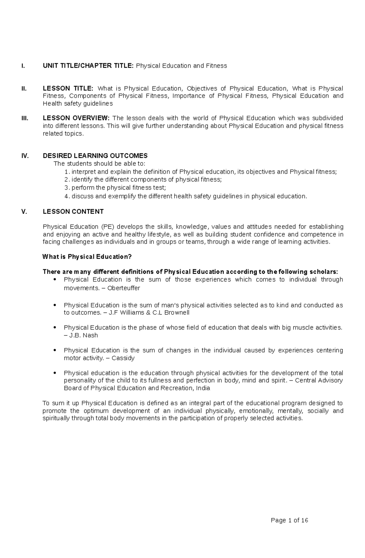 Physical Education 2 Module 1 - Page 1 of 16 I. UNIT TITLE/CHAPTER ...