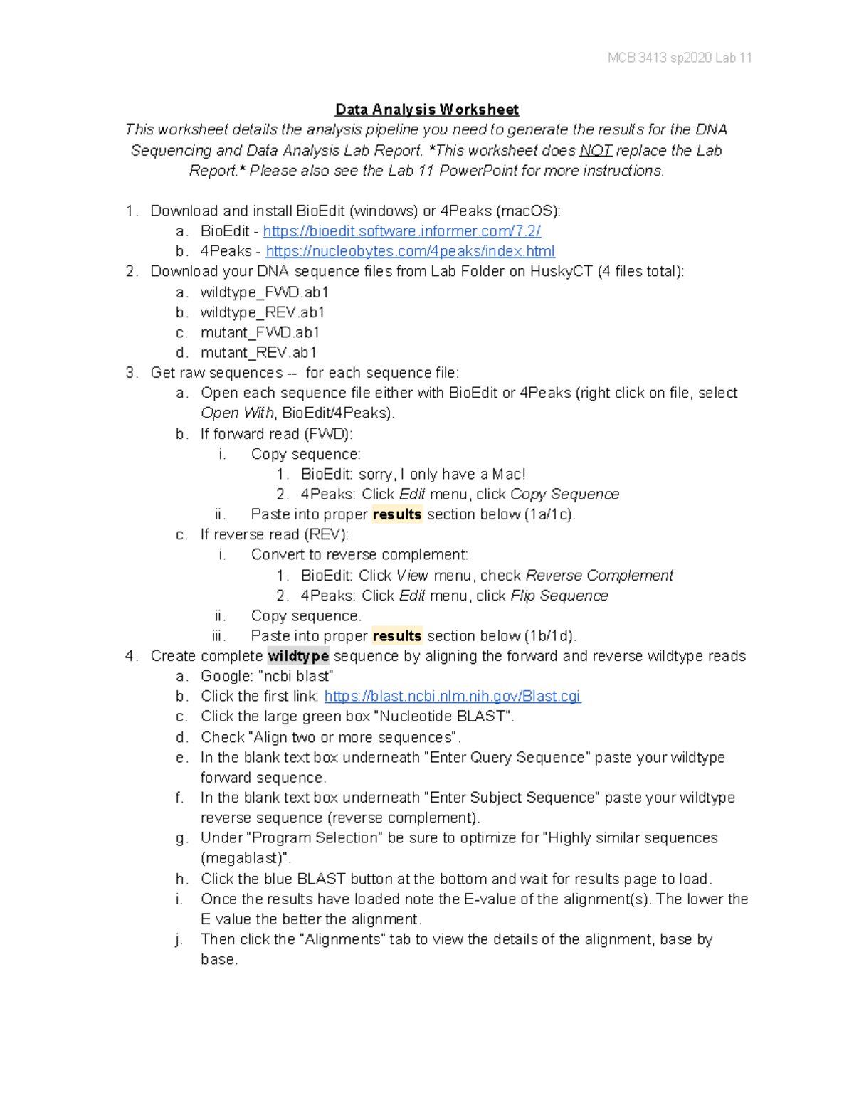 MCB3413 Lab11 Worksheet - Data Analysis Worksheet This worksheet ...