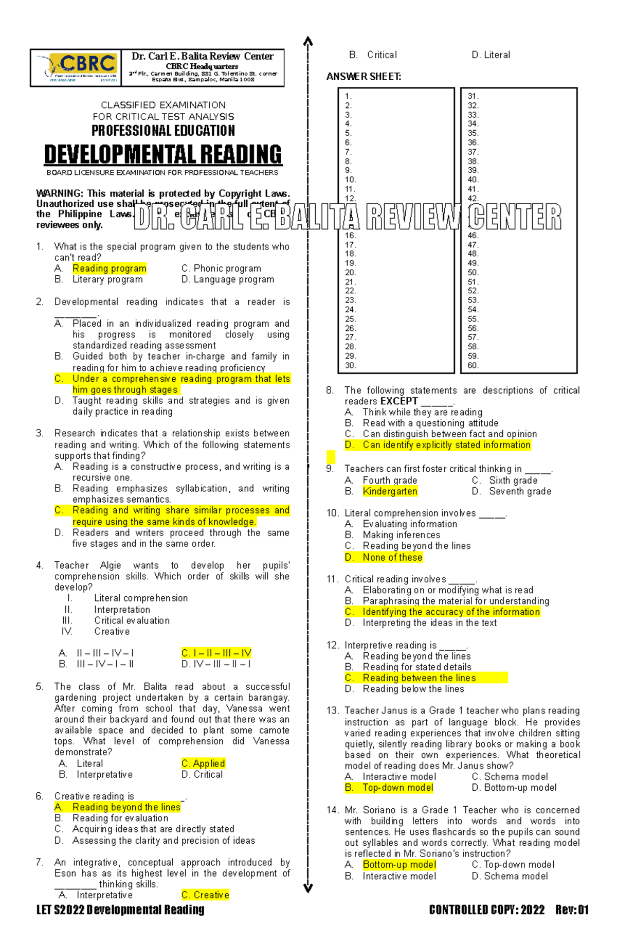 S2022 PROF ED Developmental Reading - Dr. Carl E. Balita Review Center ...