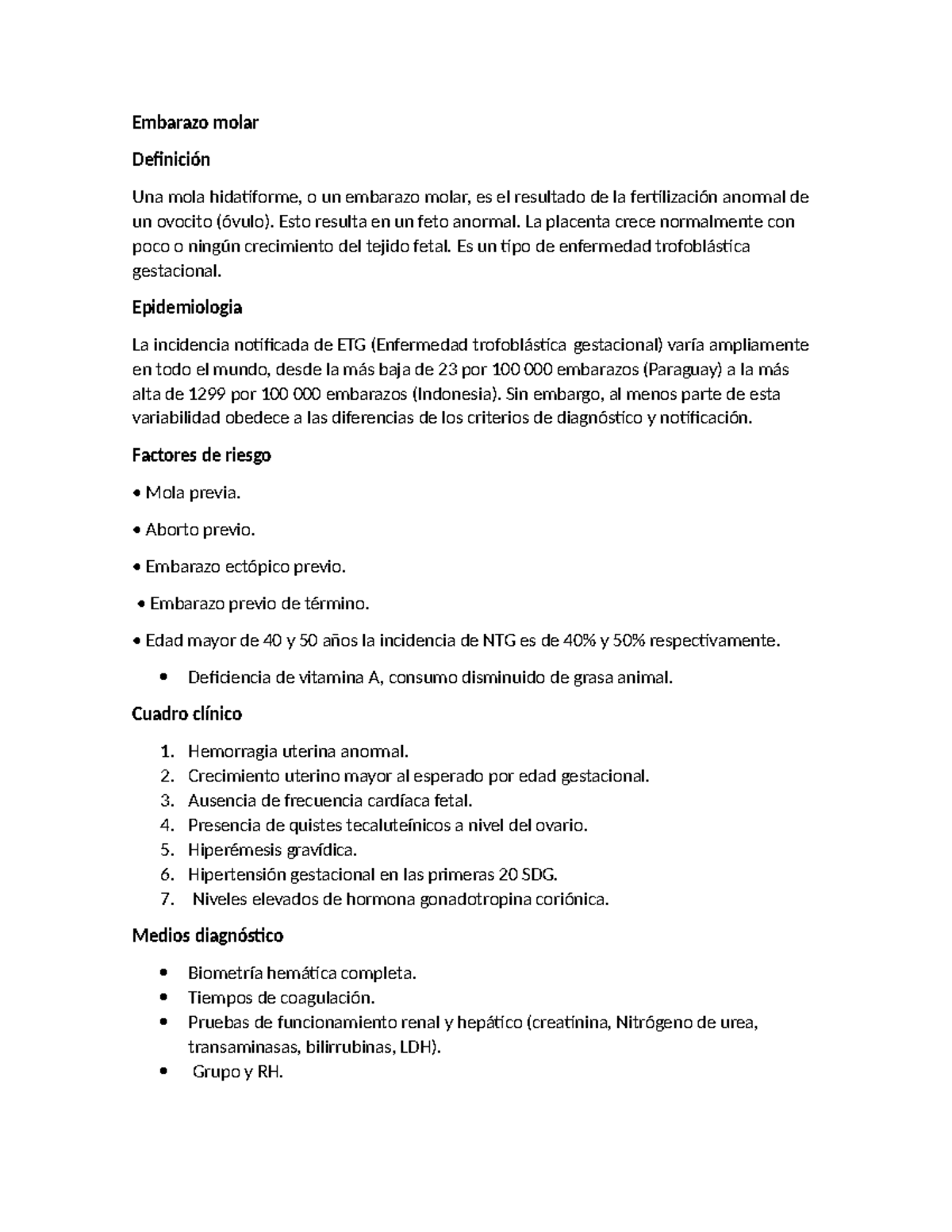 Embarazo molar resumen - Embarazo molar Definición Una mola hidatiforme ...