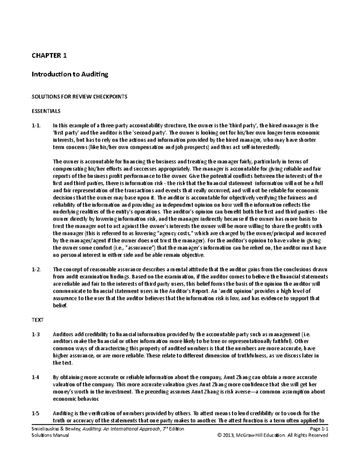 Chapter 1 Solutions - CHAPTER 1 Introduction to Auditing SOLUTIONS FOR REVIEW CHECKPOINTS ...