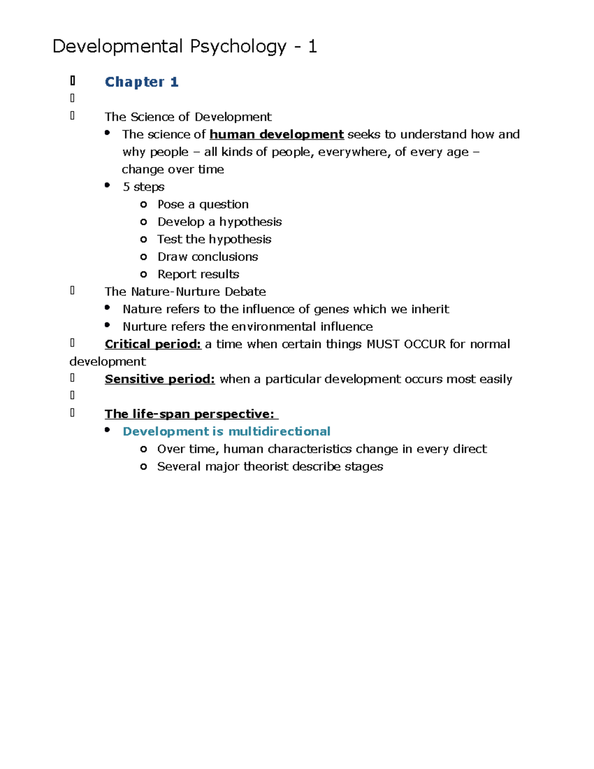 Developmental Psychology - 1 notes for exam 1 - Developmental ...