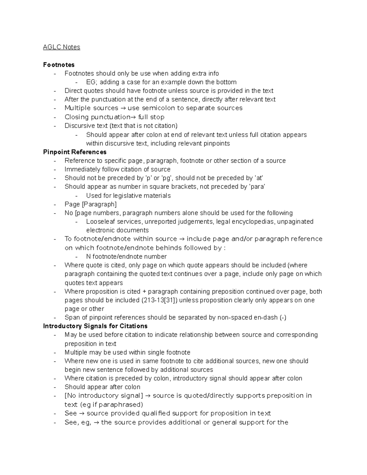 AGLC Notes - summary - AGLC Notes Footnotes - Footnotes should only be ...