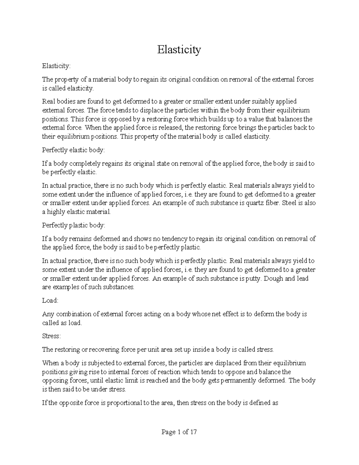 Elasticity PDF - Elasticity Elasticity: The property of a material body ...