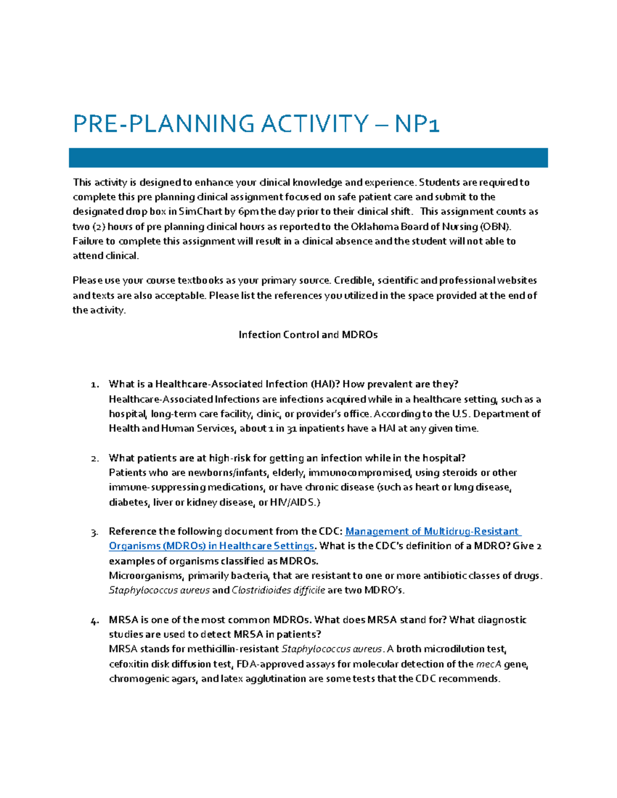 #1 Pre Plan NP1 Infection Control student - PRE-PLANNING ACTIVITY – NP This activity is designed ...