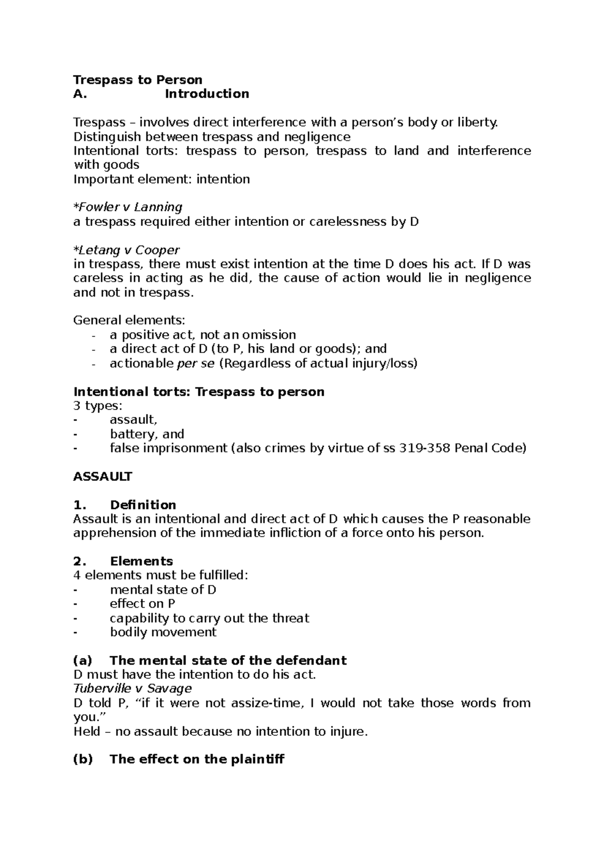 282662 Trespass to person - Trespass to Person A. Introduction Trespass ...